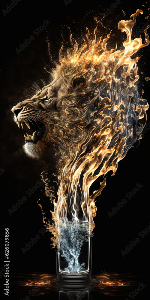 Lion head in conceptual art of water and fire in union. Fire lion ...