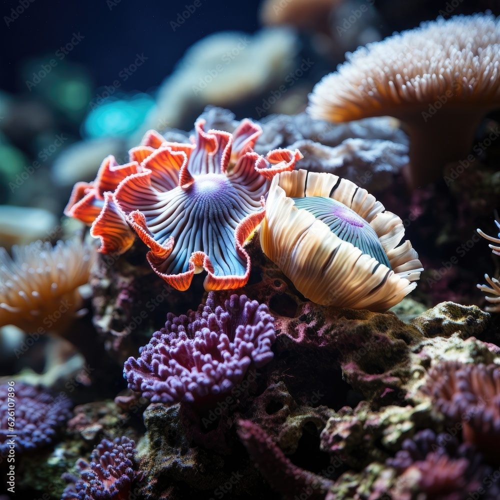 A close-up view of a bustling coral in a reef tank, polyps swaying with ...