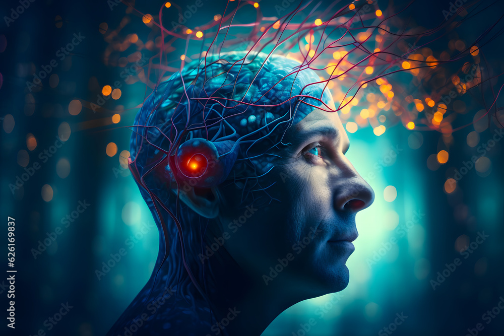 Profile of a male head connected by neurons to a computer processor ...