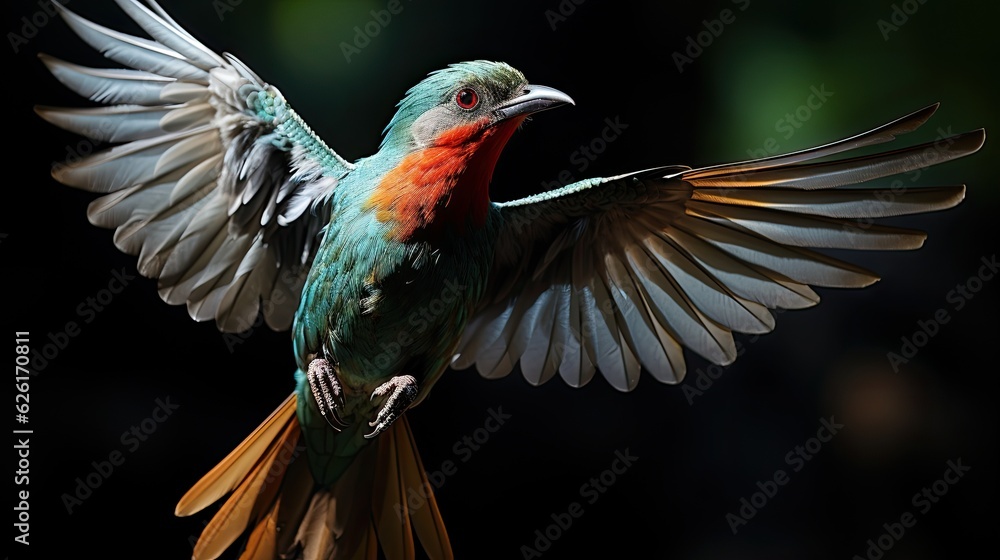 A quetzal (Pharomachrus mocinno) in flight in the cloud forests of ...