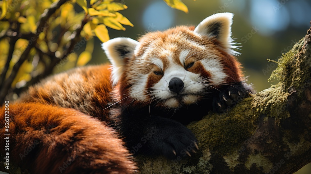 A red panda (Ailurus fulgens) napping in the crook of a tree in the ...
