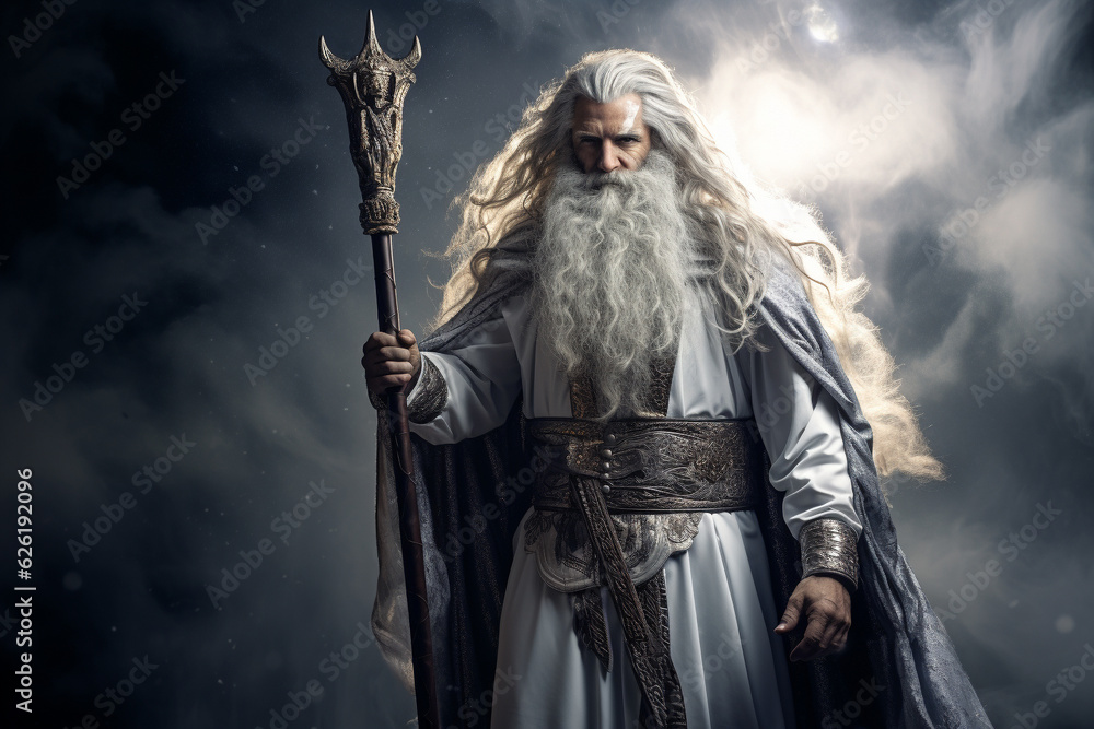 White-bearded wizard dressed in flowing white robes, casting a powerful ...