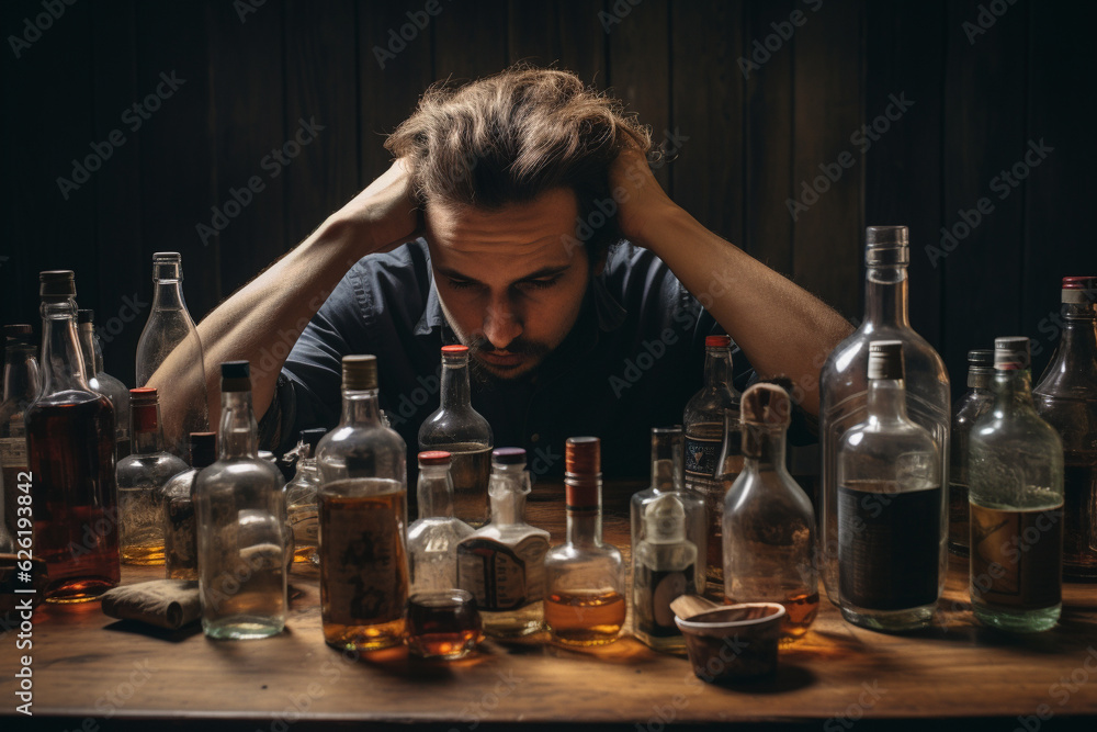 Depressed, drunk, and depraved man slumped over a table, surrounded by ...
