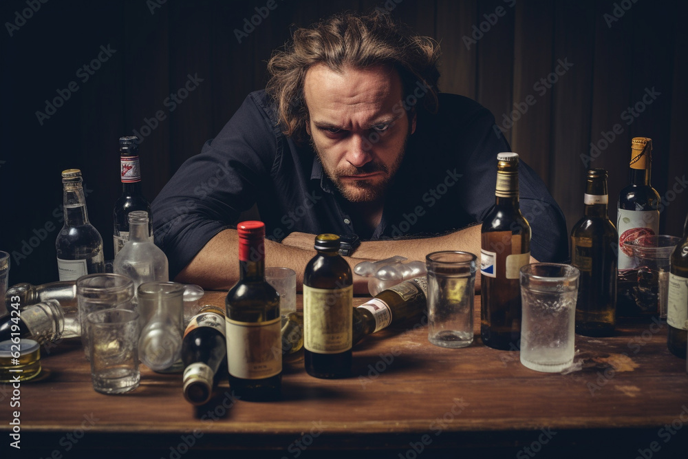Depressed, drunk, and depraved man slumped over a table, surrounded by ...