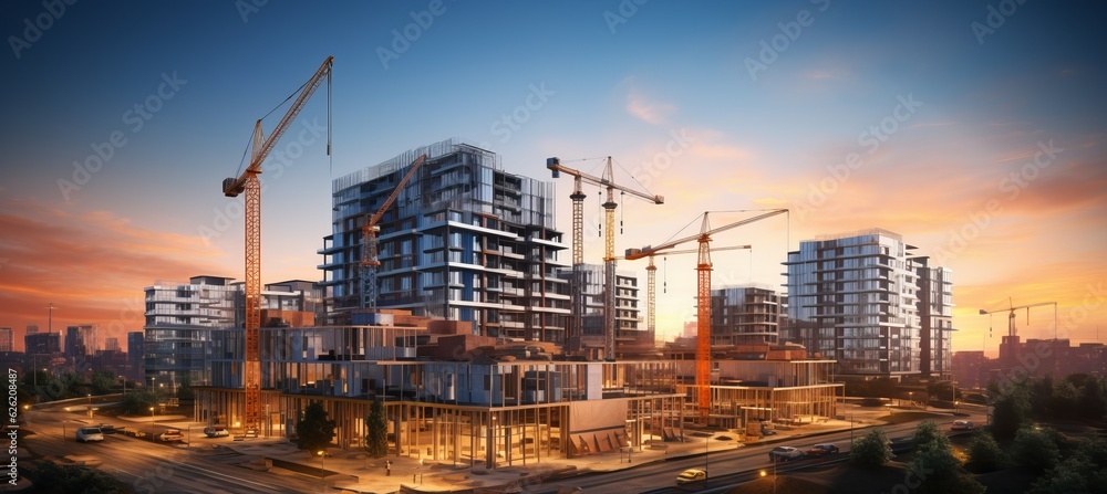 City building construction sites development and tower cranes ...