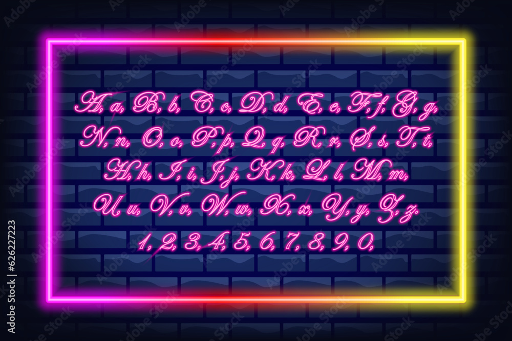 Glowing neon script alphabet. Neon font with uppercase and lowercase ...