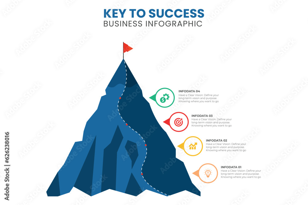 Four step mountain infographic. Path to top peak of mountain. Business ...