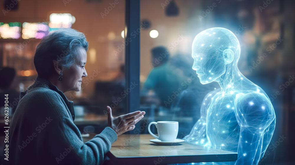 Robot talking with old man machine learning reaction or ai artificial ...