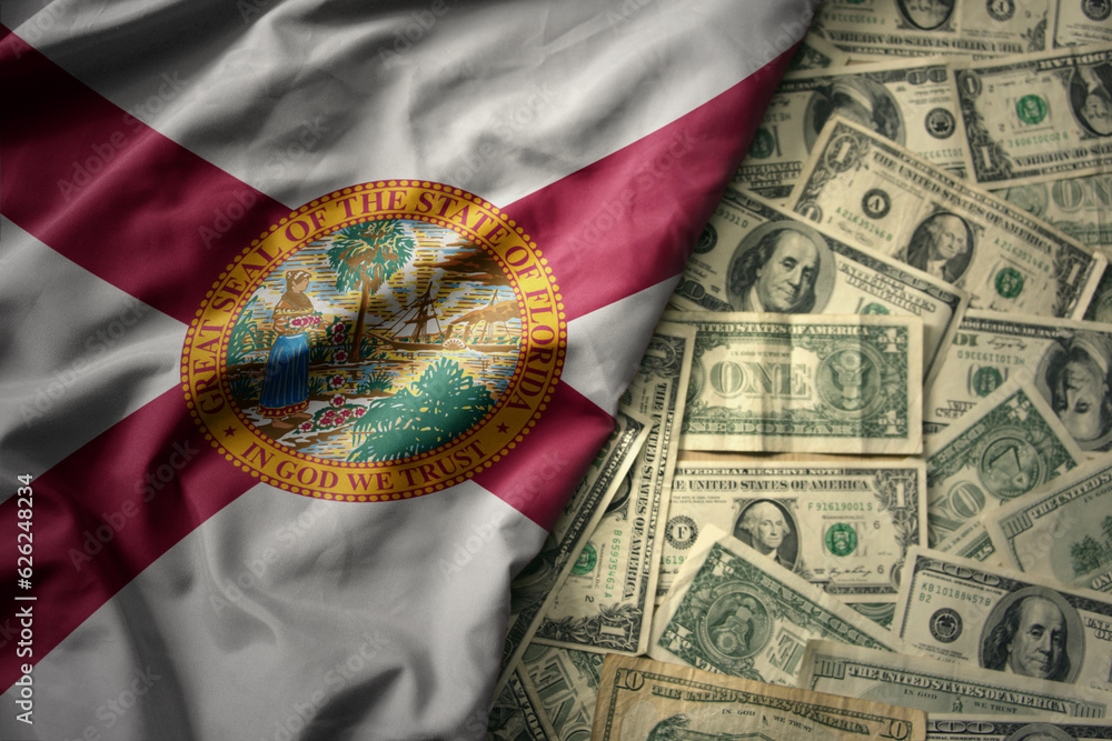 colorful waving national flag of florida state on a american dollar ...