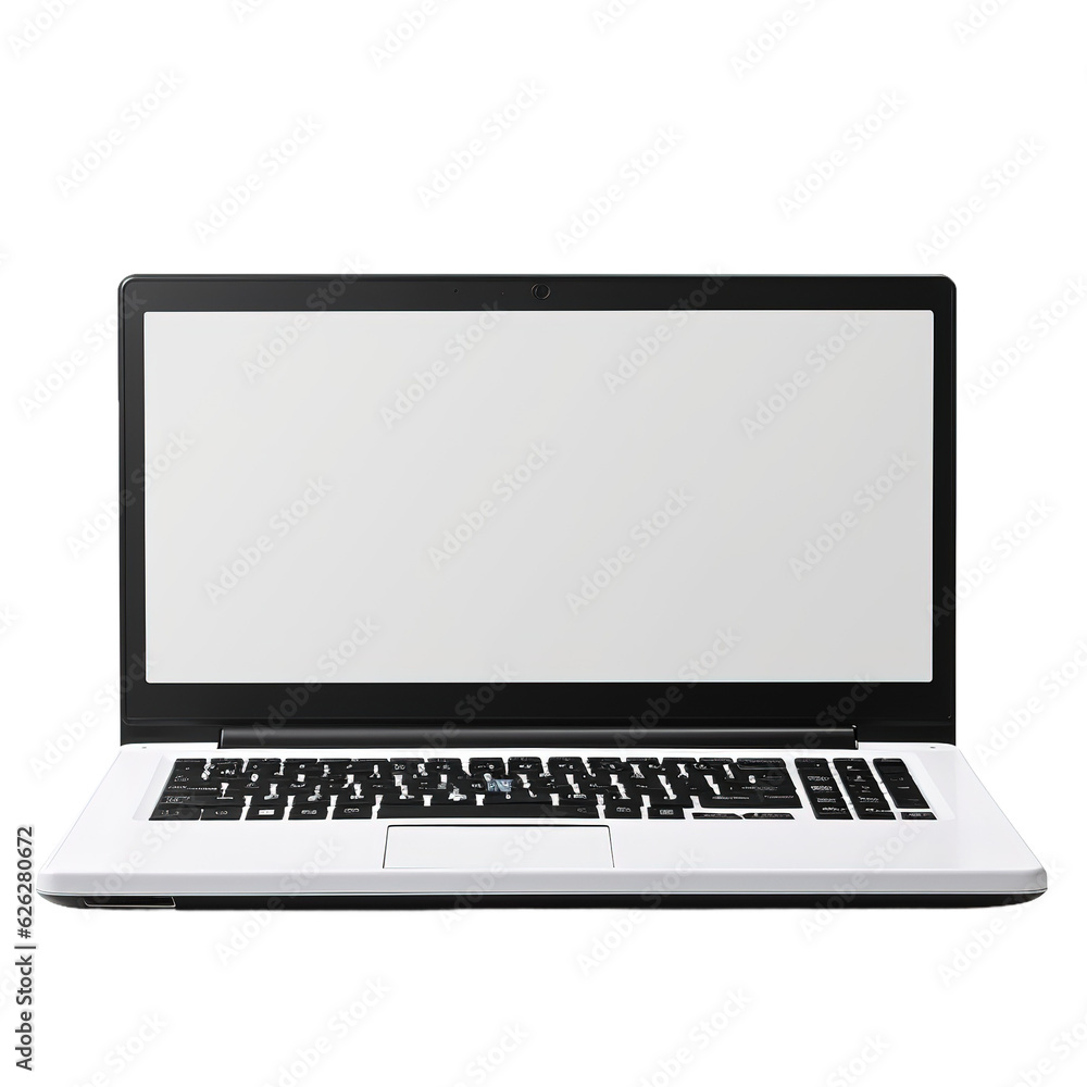 Laptop computer with white screen and angled keyboard, front and back ...