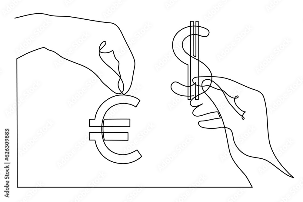 Currency exchange,one line art,hands with currency continuous contour ...
