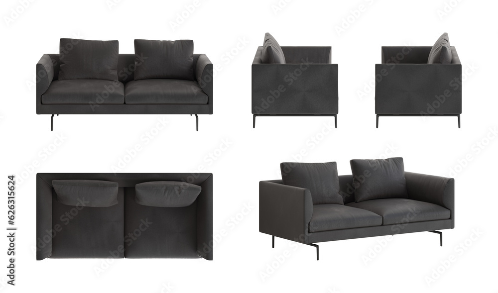 Set of five views of a modern three-seater sofa with a black leather ...