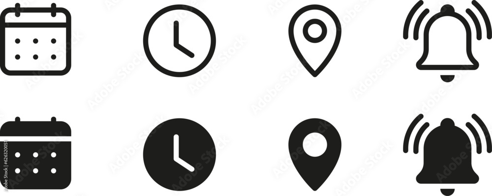 Address location icon. Notification bell icon. Stopwatch timer icon. Date Calendar icon - Web ...