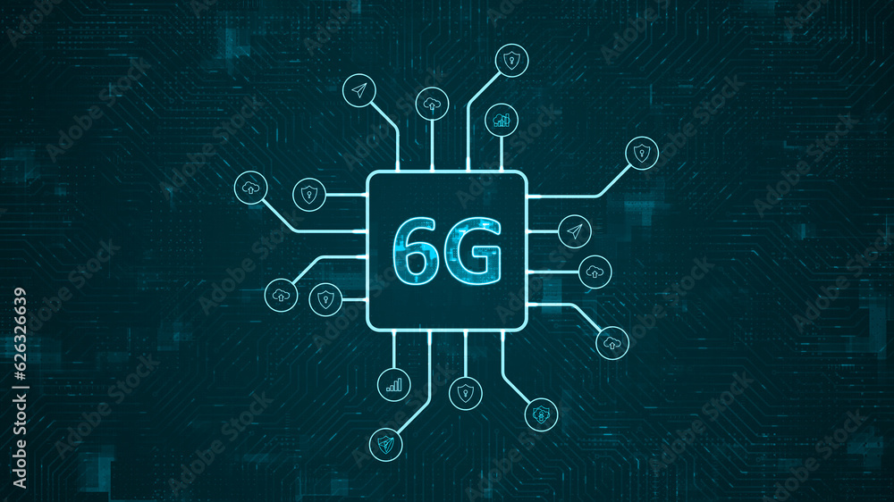 Blue digital 6G logo and futuristic HUD technology circuit board with ...