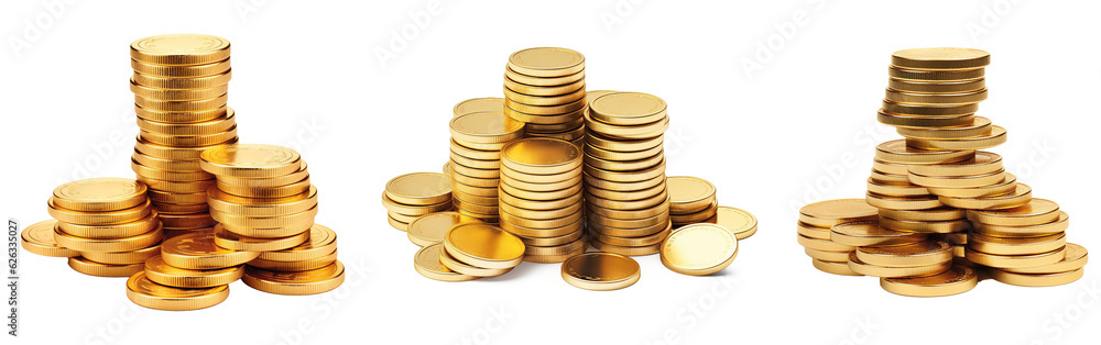 Stacks of shiny coins isolated on transparent background Stock ...