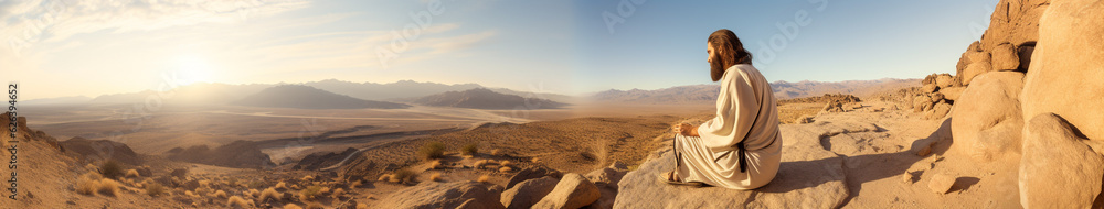 Jesus Christ in the Judean desert. Christian background, banner. A man ...