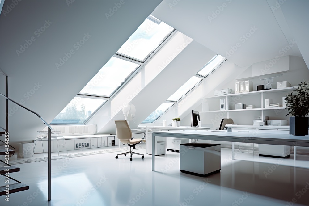 The image captures a perspective of a white modern interior from a low ...