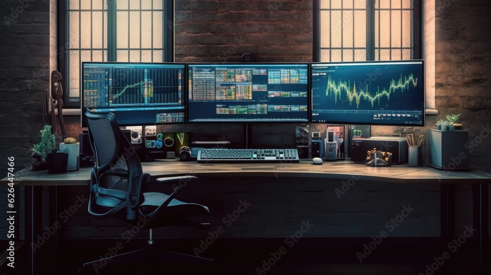 The side view from a computer desk with multiple screens displaying ...