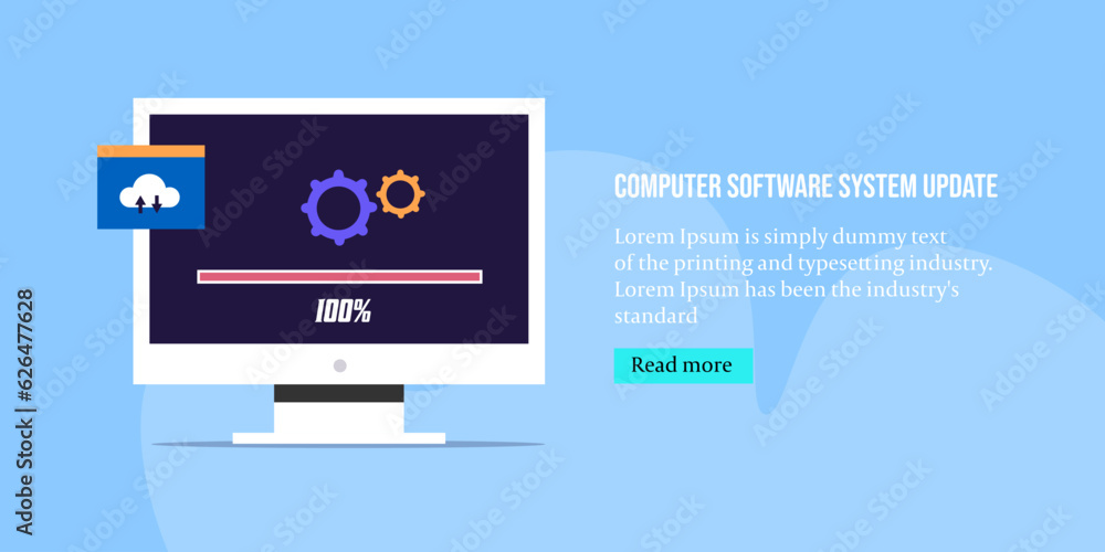 Computer system update, loading progress bar with gear icon, installing software on desktop pc ...