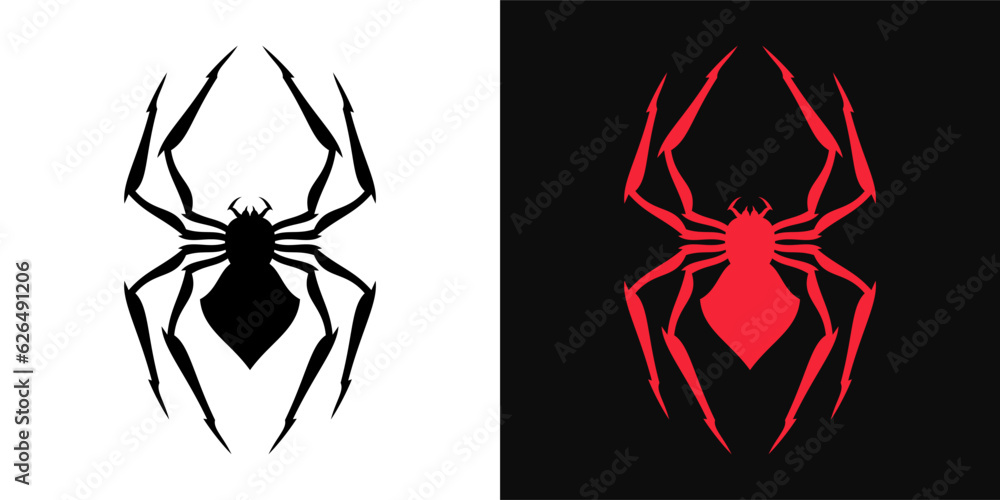 Gothic spider logo set in black and red colors. Dangerous spider mascot ...
