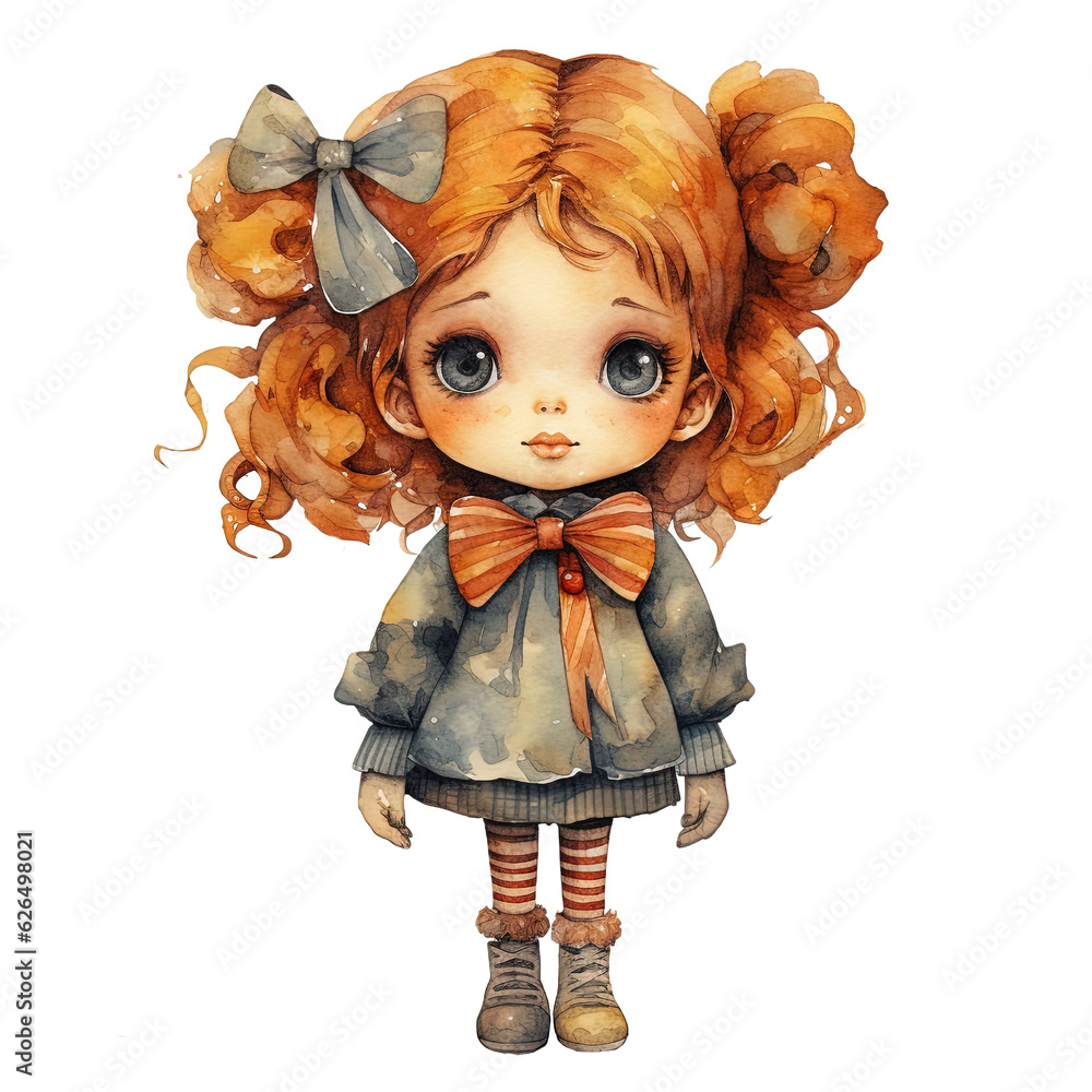 Retro girl with a doll watercolor Illustration Clipart cartoon isolated ...