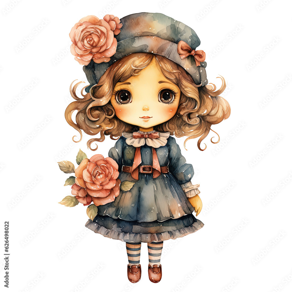 Retro girl with a doll watercolor Illustration Clipart cartoon isolated ...