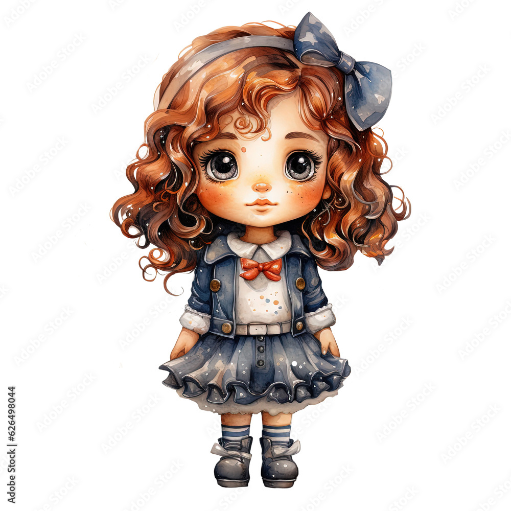 Retro girl with a doll watercolor Illustration Clipart cartoon isolated ...