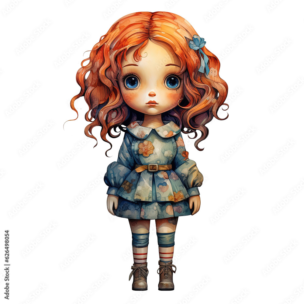 Retro girl with a doll watercolor Illustration Clipart cartoon isolated ...