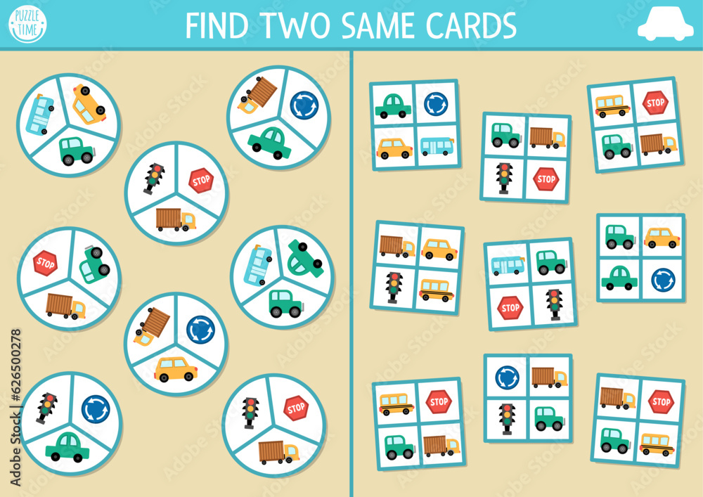 Find two same cards with transport. Transportation matching activity ...