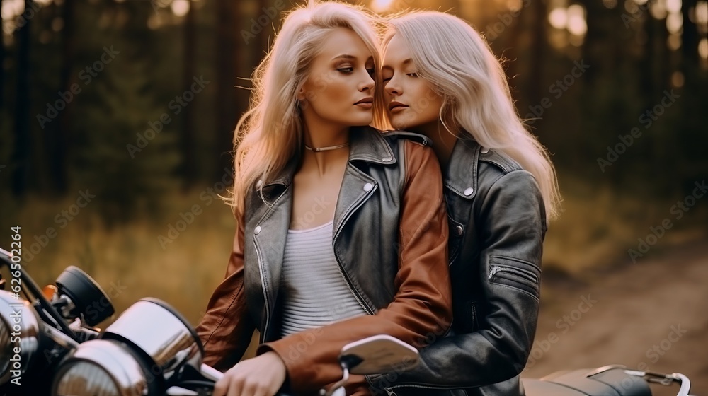 Young Happy Two Girls In Leather Jackets Riding A Motorcycle Biker