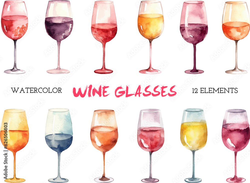 Vector watercolor painted wine glasses clipart. Hand drawn design ...