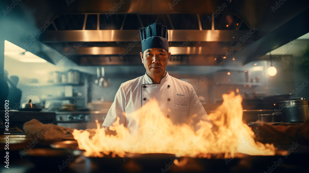 chef in an Asian restaurant kitchen, with flames and smoke rising from ...
