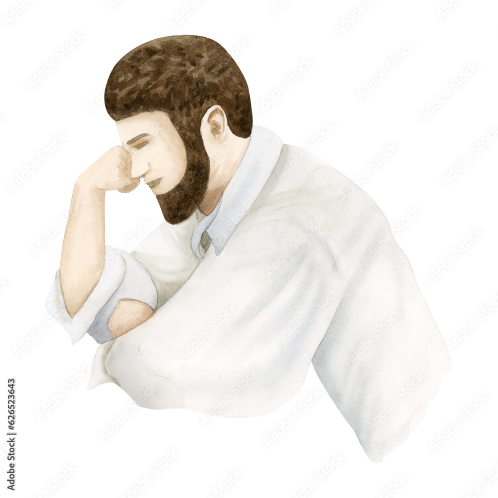 Thinking concentrated man person, chess player watercolor illustration ...