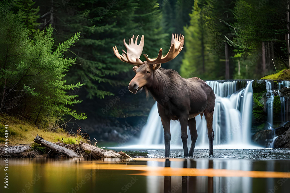 delighted detail picture of moose in forest near waterfall 4k, 8k, 16k ...