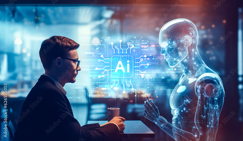 Robotics or ai artificial intelligence connecting interaction with human.Chat bot software ...