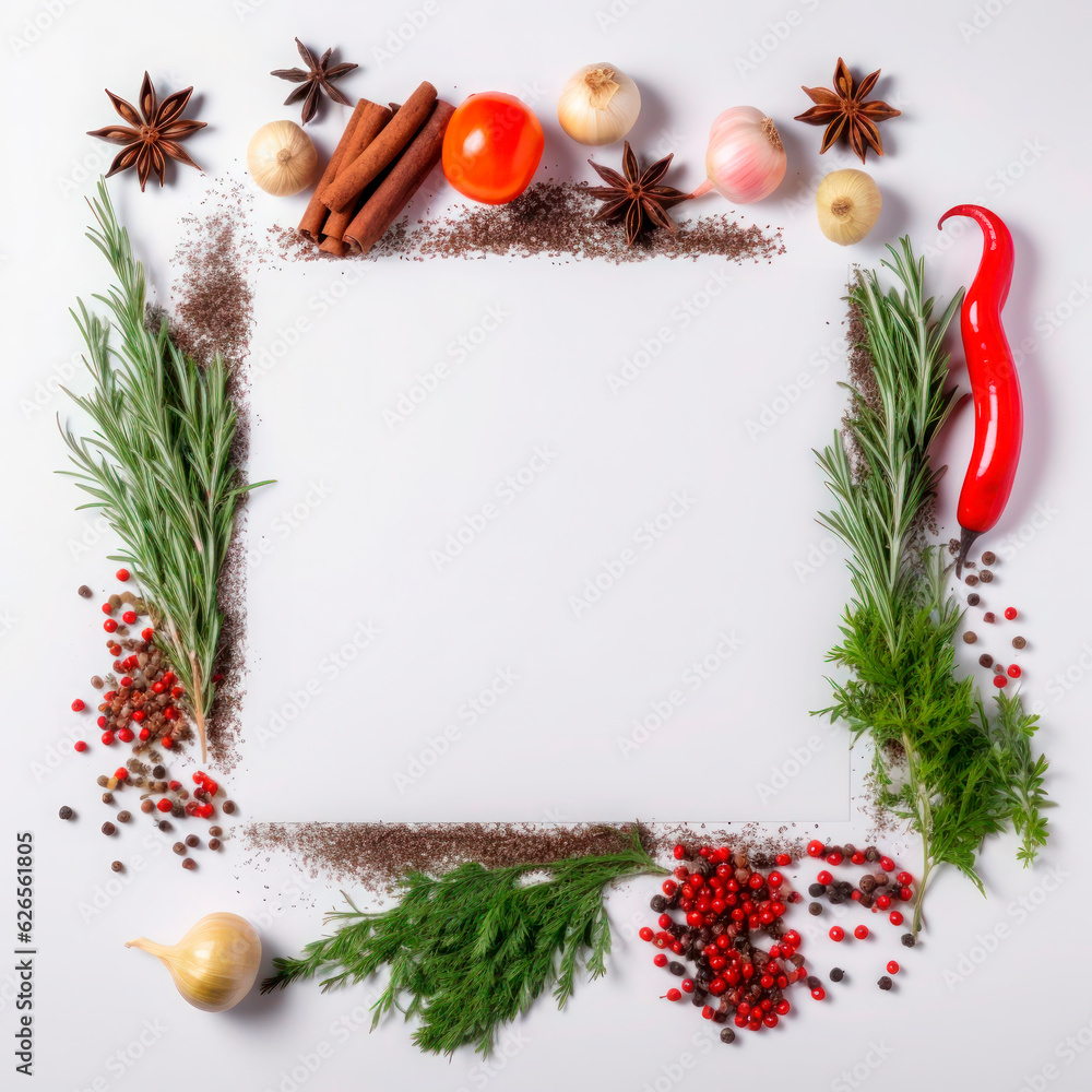 Frame of spices for the design of cooking materials, menus, recipes ...