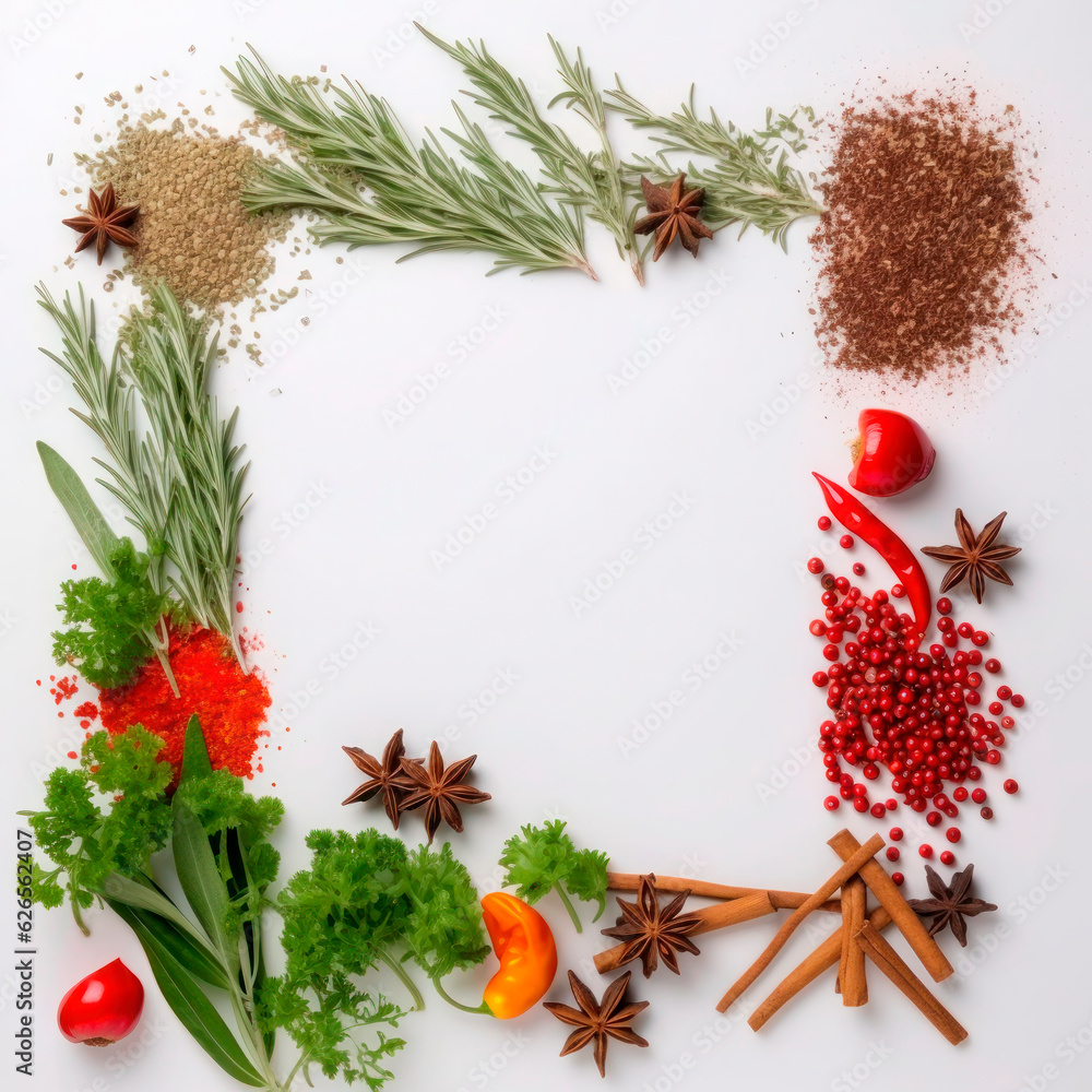 Frame of spices for the design of cooking materials, menus, recipes ...