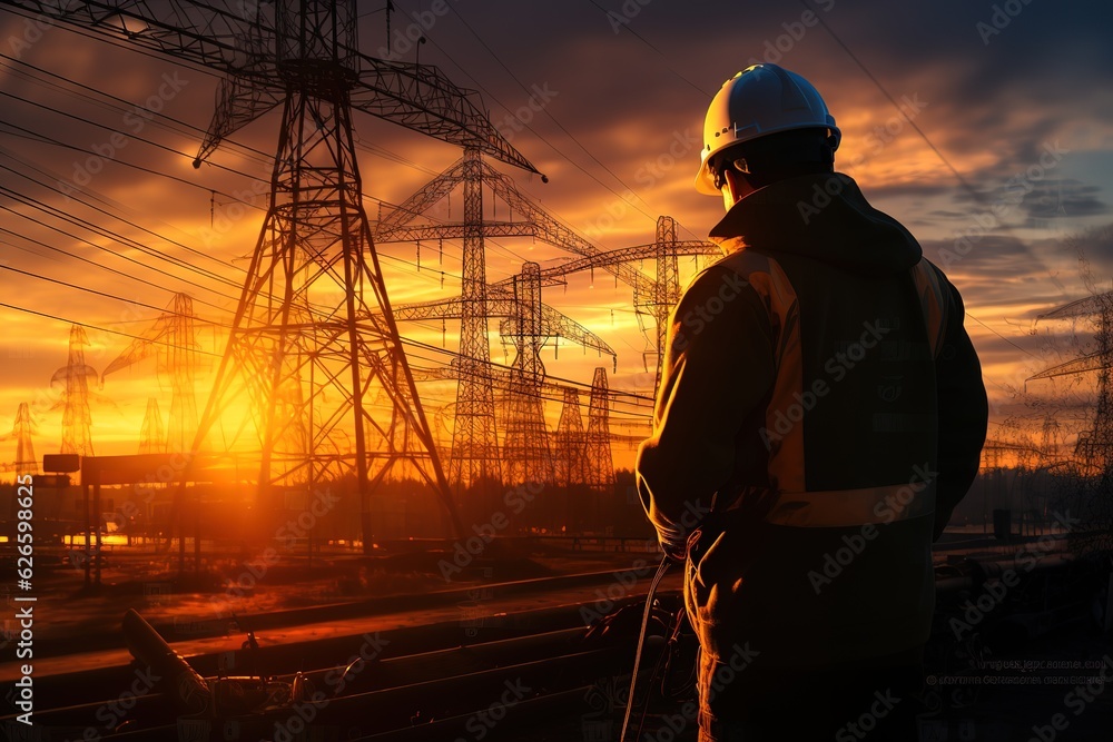 Silhouette electrician work on high ground heavy industry. Construction ...