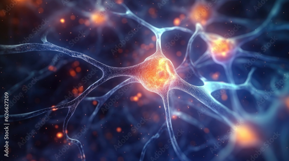 Neuronal network with electrical activity of neuron cells. Active nerve ...