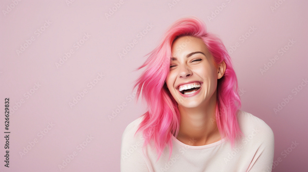 young laughing woman with pastel pink hair, tongue sticking out, blue ...