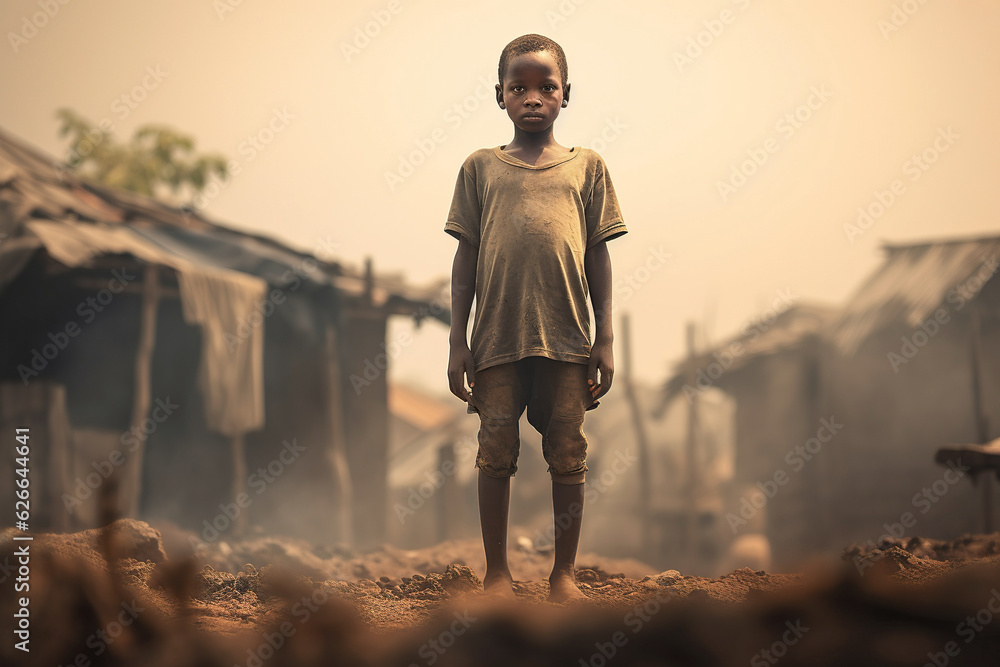 Portrait of little kid, dirty boy standing in poor african village ...