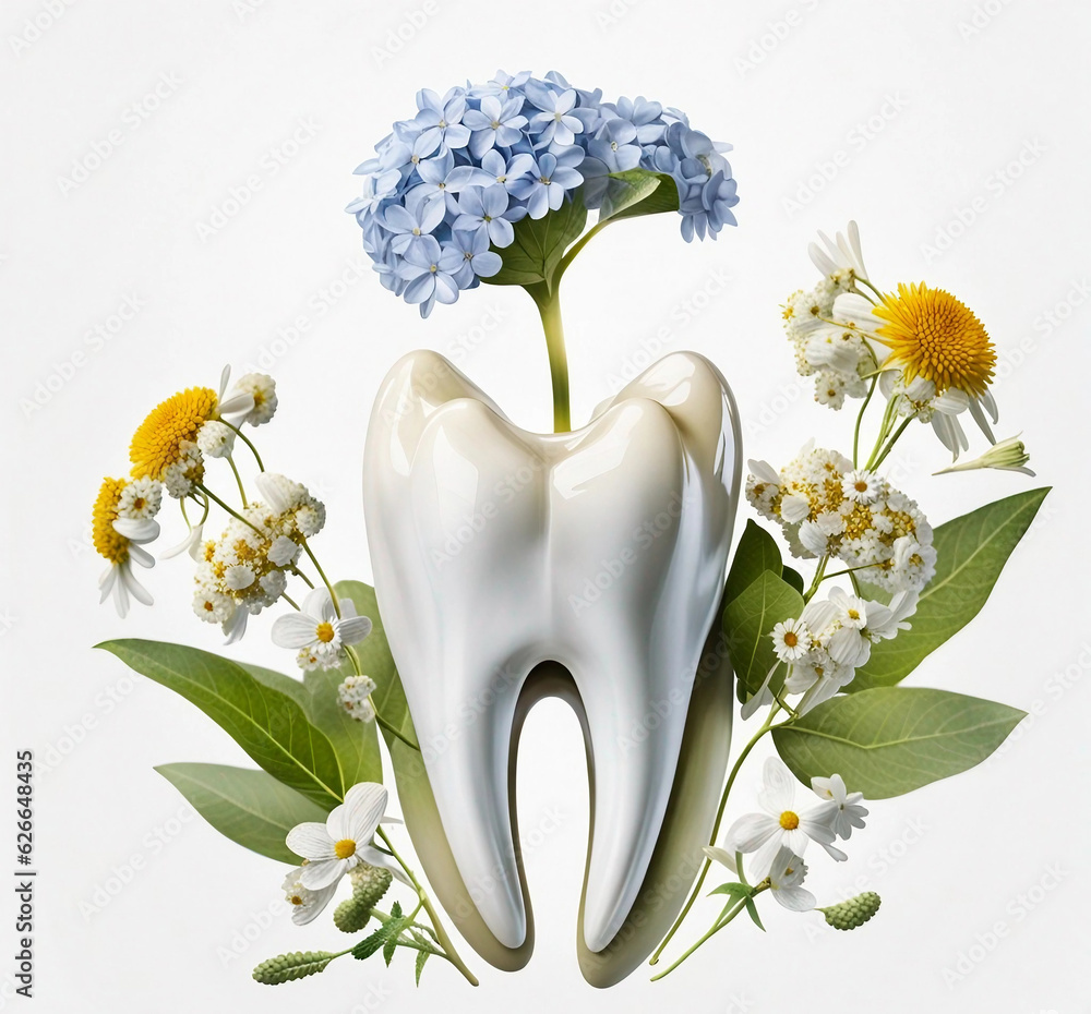 White shiny molar tooth with sage leaves, hydrangea, and chamomile ...