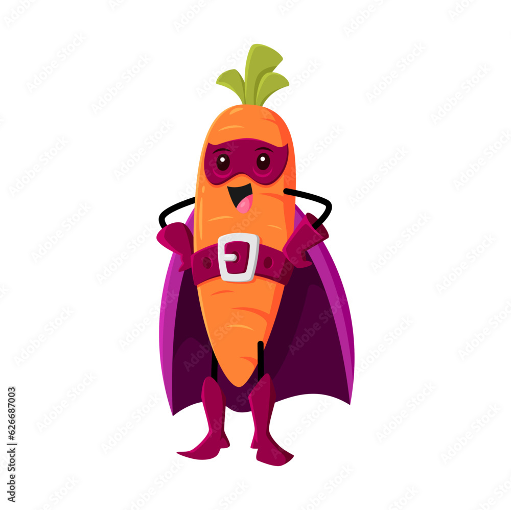 Cartoon carrot super hero vegetable character. Isolated vector funny ...