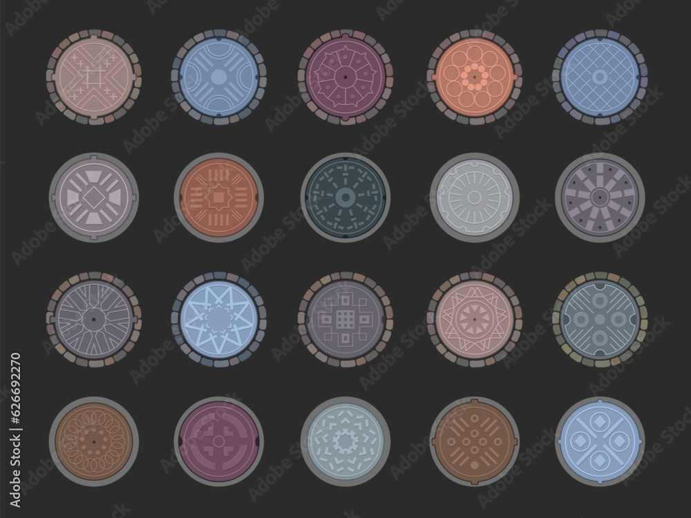 Manhole sewer. Top view for round steel sewer collection different ...