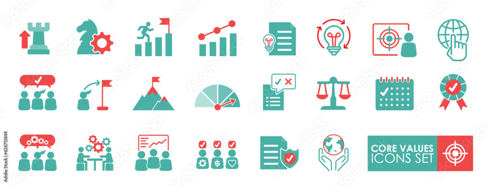 Core values icons set, Integrity, Target purpose, and Strategy. Core ...