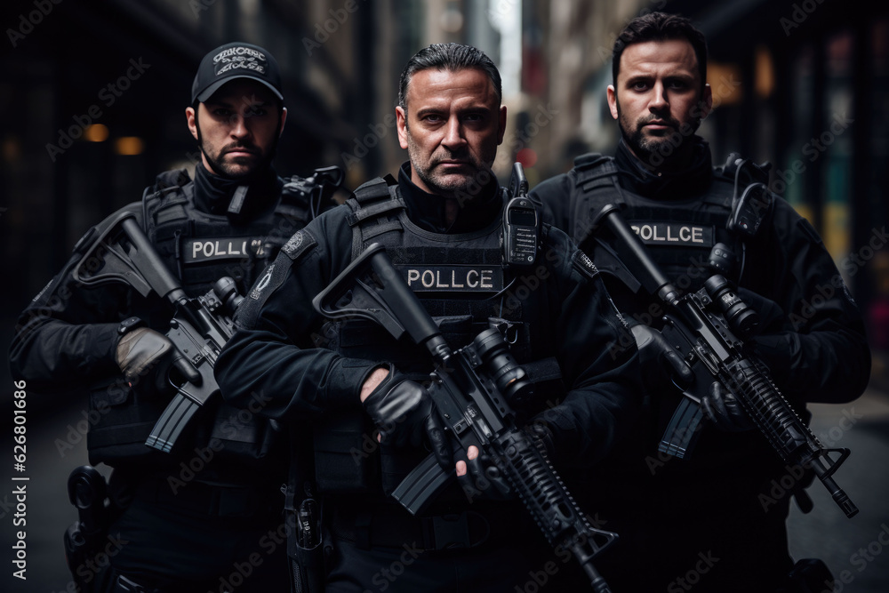 Swat team in uniform with gun ready pose Stock Illustration | Adobe Stock