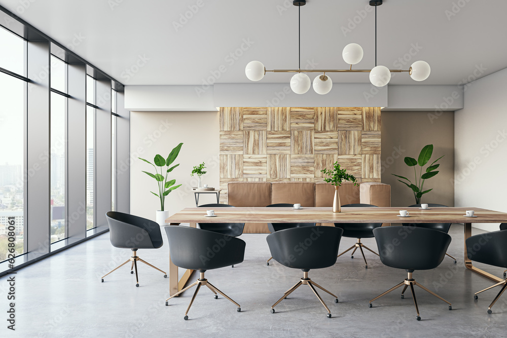 Front view of modern luxury meeting room interior with office desk and ...