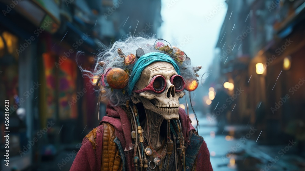 Portrait caricature of a very old eccentric hippie grandma skeleton ...