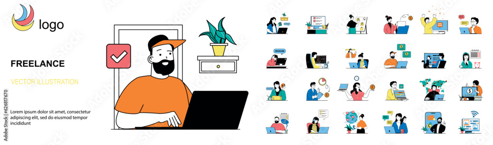 Freelance concept with character situations mega set. Bundle of scenes ...
