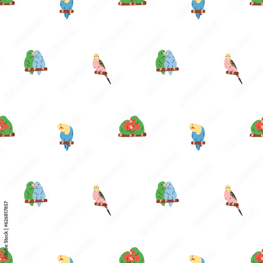 Cute parrots, seamless pattern. Exotic small birds pets on perches ...
